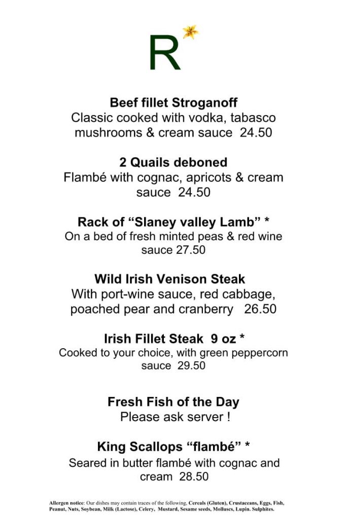 Sample Menu - Rolf's Country House & Restaurant